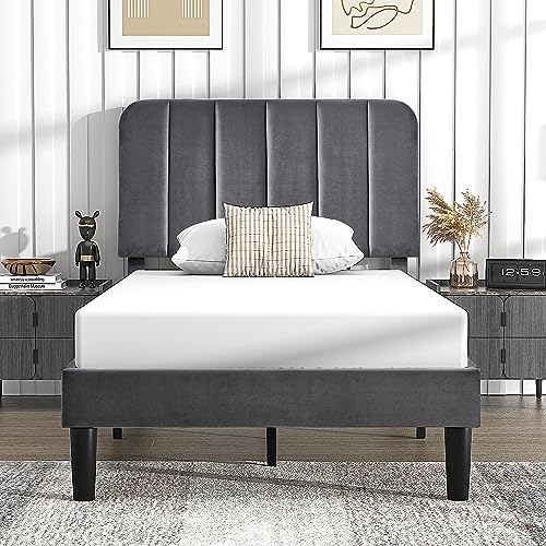VECELO Twin Size Upholstered Bed Frame with Adjustable Headboard, Velvet Platform Bedframe Mattress Foundation, Strong Wood Slat Support, No Box Spring Needed,Dark Grey