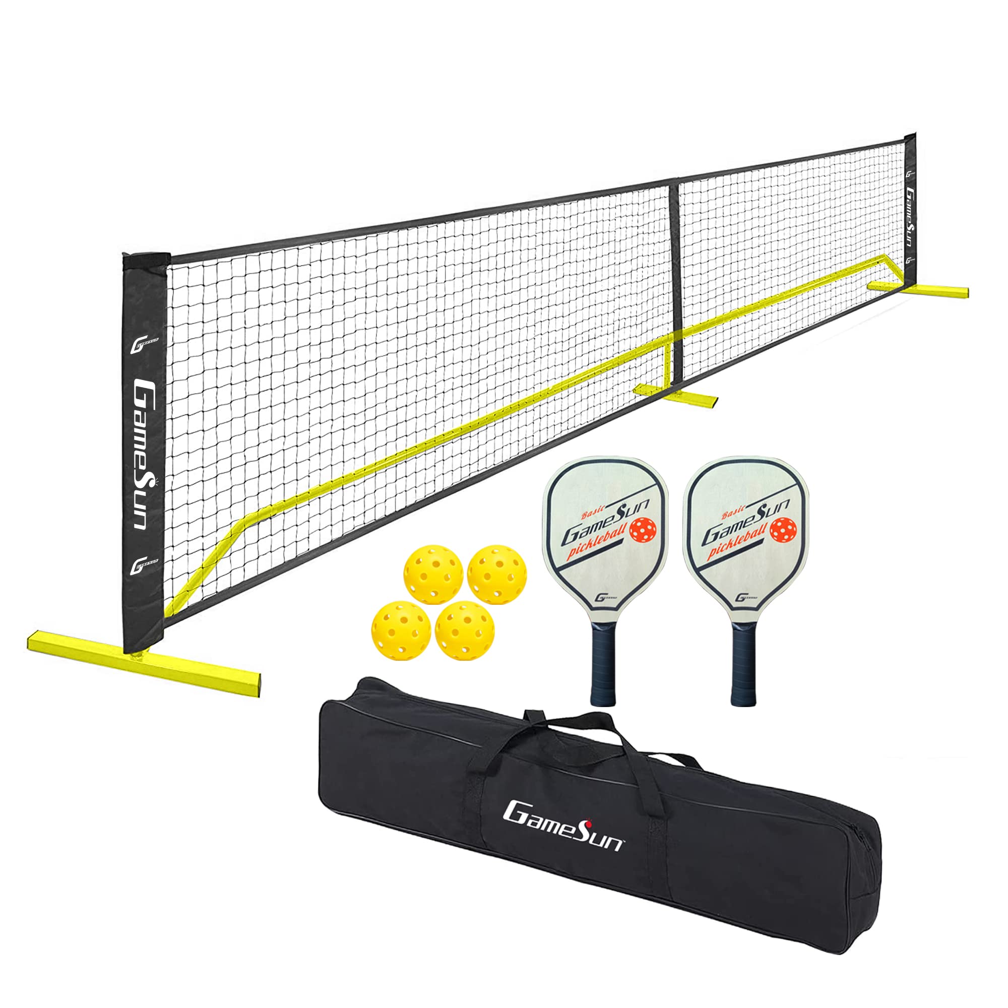 GAMESUN Complete Pickleball net Set for Outdoor, Indoor, Backyard use, Includes Metal Frame, 22 Feet PE net, Paddles, Balls ,Carry Bag