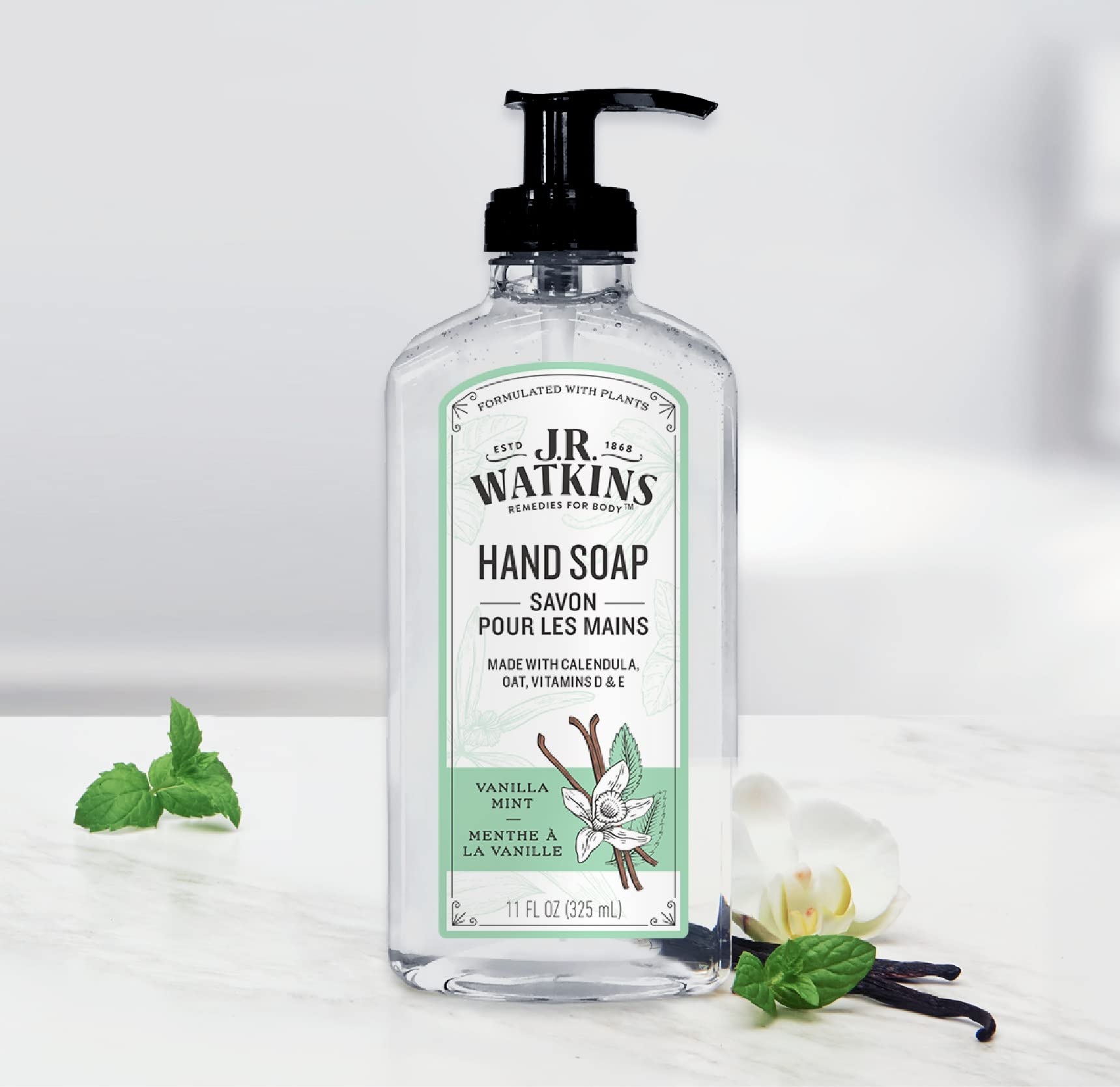 J.R. Watkins Gel Hand Soap with Dispenser, Moisturizing Hand Wash, All Natural, Alcohol-Free, Cruelty-Free, USA Made, Vanilla Mint, 11 fl oz, 3 Pack