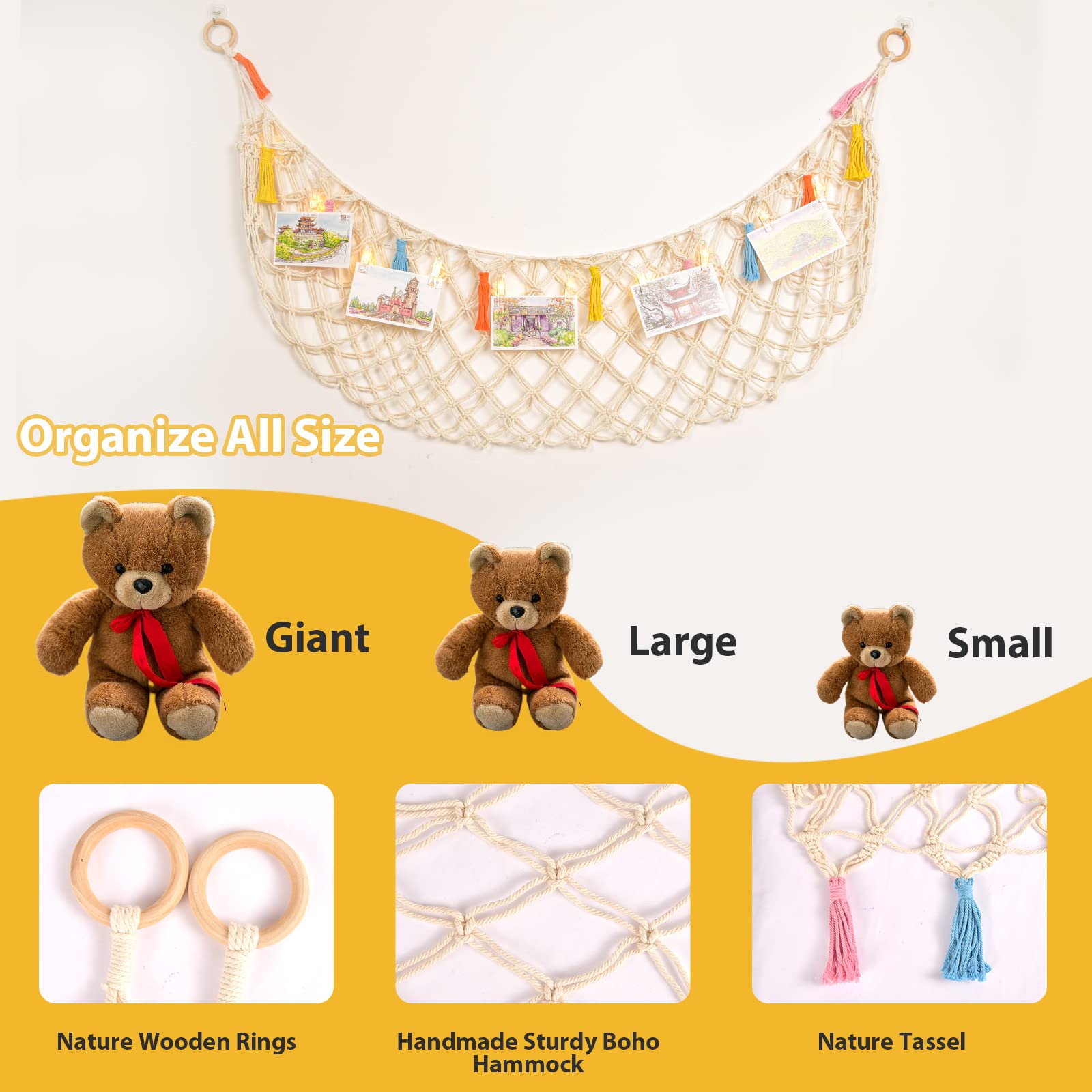 Macrame Stuffed Animal Net,Toy Hammock for Stuffed Animals Storage,Pet Net for Plush,Handmade Hanging Corner Net Wall for Squishmallow,Plushie Holder Organizer with LED Photo Clips,59inch Extra Large