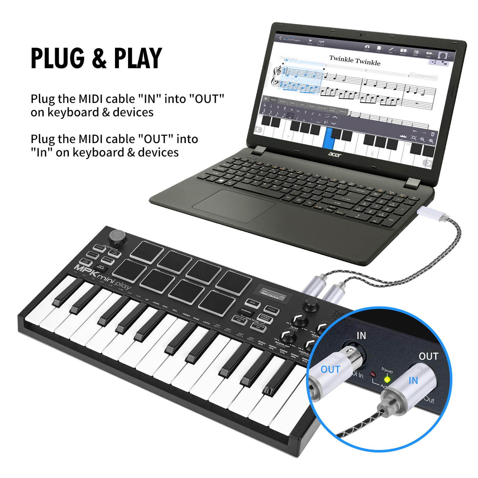 havit MIDI Cable 5 Pin MIDI to USB Cable MIDI Interface in-Out to USB Converter MIDI Adapter with Indicator for Piano Keyboard to PC Mac Laptop
