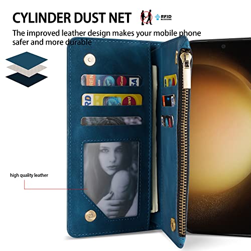 ZZXX Samsung Galaxy S23 Wallet Case with RFID Blocking Card Slot PU Leather Zipper Flip Folio with Strap Kickstand Protective Cover for Samsung Galaxy S23 Case Wallet(Blue-6.1 inch)