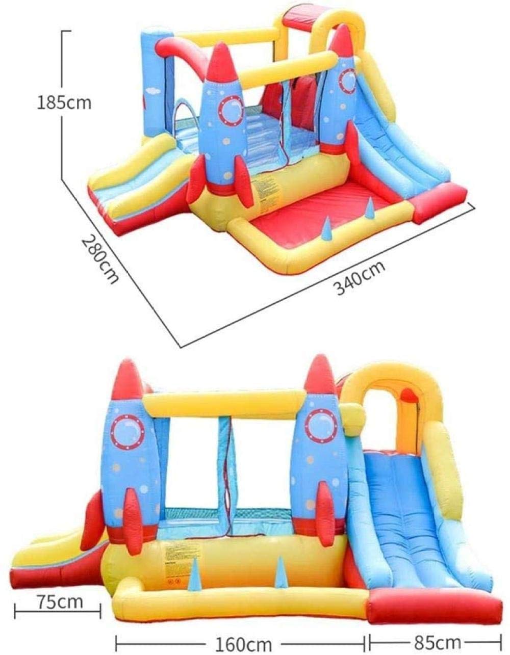 Inflatable Castle for Children, Toy Square Climbing Wall Inflatable Castle and Slide, Indoor Small Rocket Slide Trampoline Playground Equipment Rugged Color 185 280 340Cm A