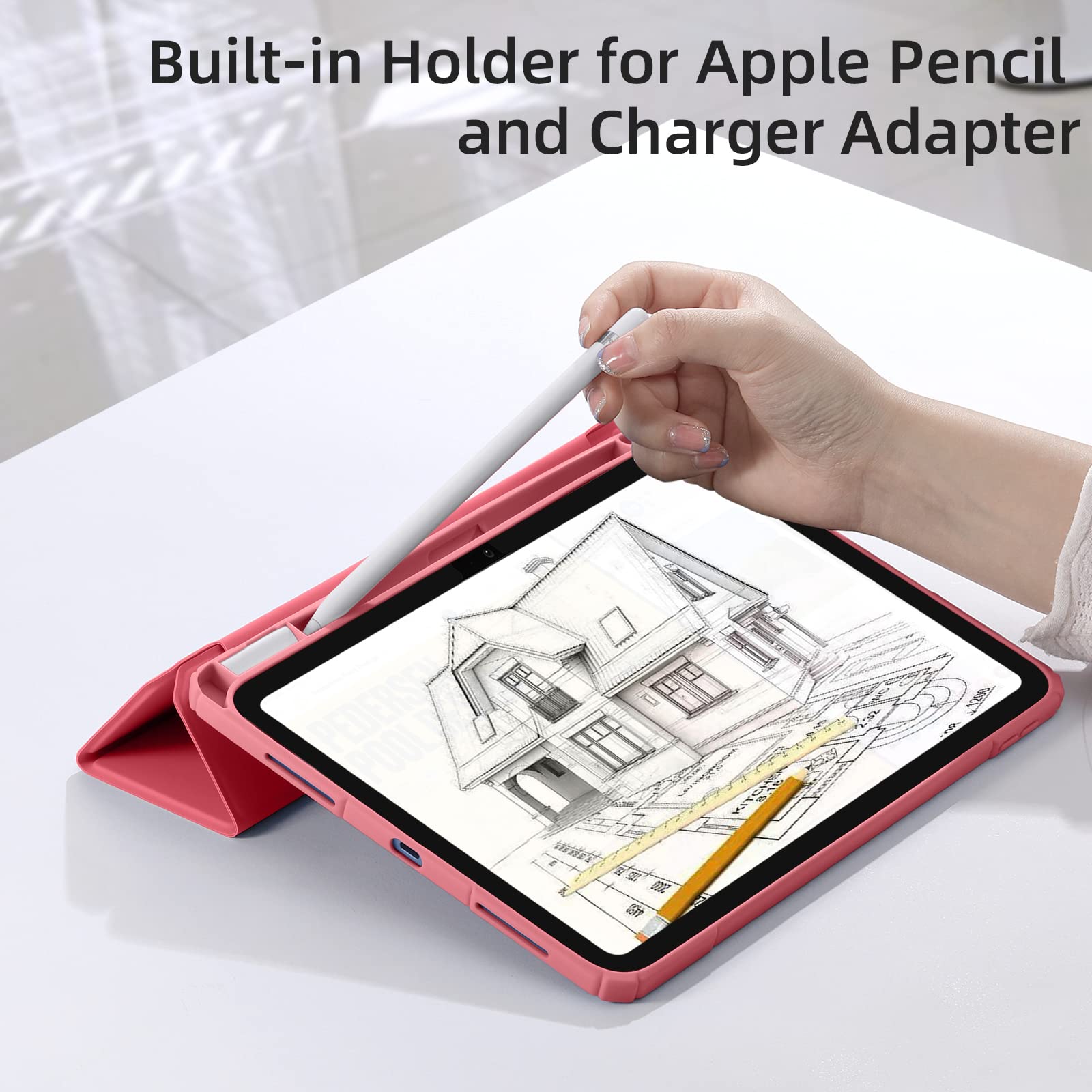 Mastten Compatible with iPad 10th Generation Case with Pencil Holder, iPad 10.9 Case with Clear Transparent Back Shell, Auto Wake/Sleep, Shockproof Slim Cover for iPad 10 Gen 10.9 Inch 2022, Leaf Red