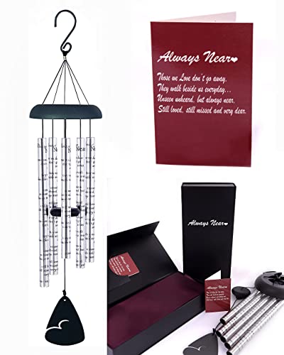 Memorial Wind Chimes Gift Set for Loss of a Loved one Silver 35" Long deep Tones Chimes Always Near Poem Remembrance/Memorial Chimes Gift Set, Sympathy Card and Gift Box Included