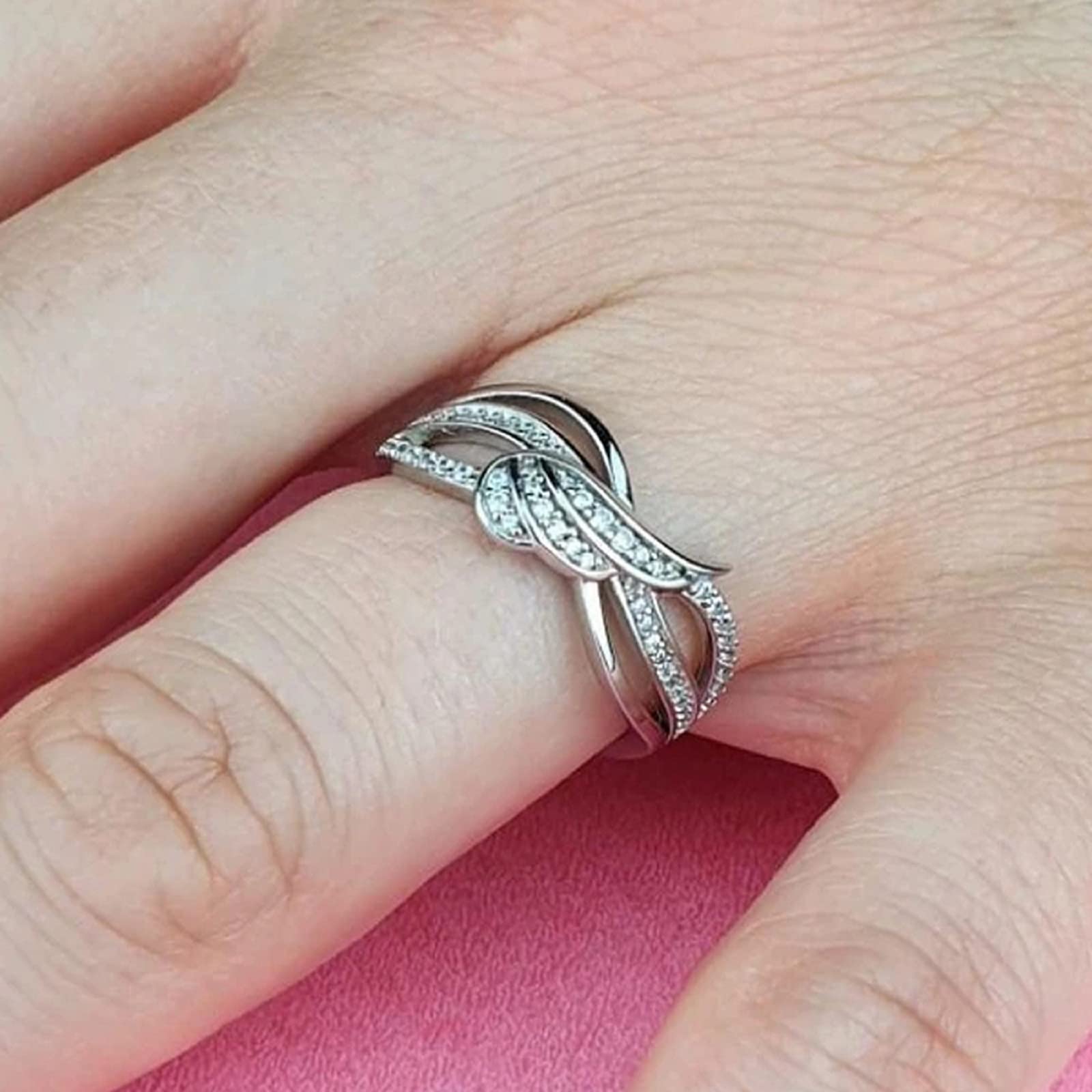 JASXEYO Angel Wings CZ Ring Big Feather Ring Jewelry Gift for Women,Feather Cubic Zirconia Fashion Ring, Platinum Plated Size 6-10 (7)