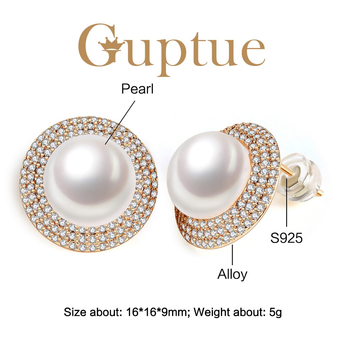 Guptue S925 Silver needles Pearl button stud earrings cultured freshwater pearl Cubic zirconia stud Earrings Birthday Gifts Women's Stud Earrings,Round 10-11mm pearl earrings (White)