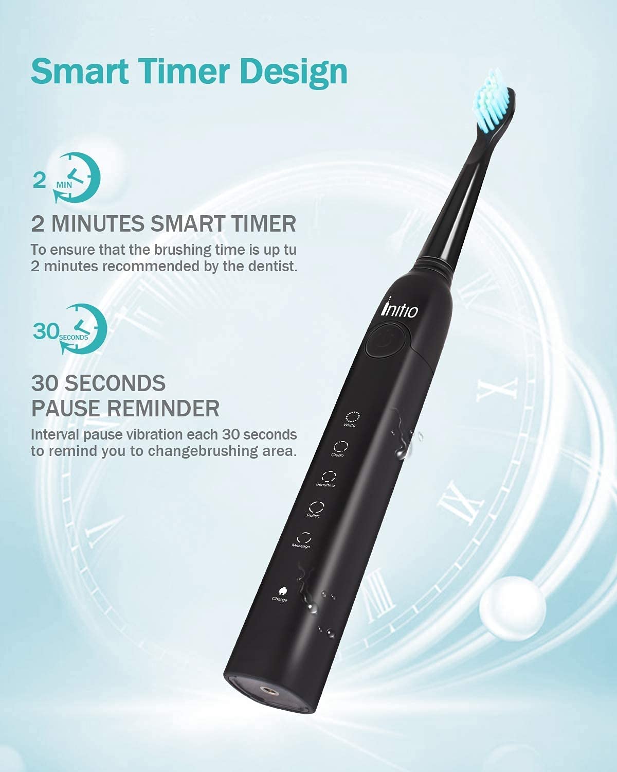 Initio Sonic Electric Toothbrush for Adults, Rechargeable Toothbrush with Smart Timer, 5 Modes, 3 Brush Heads, 40,000 VPM Motor, Whitening Power Toothbrush, IT959, Black