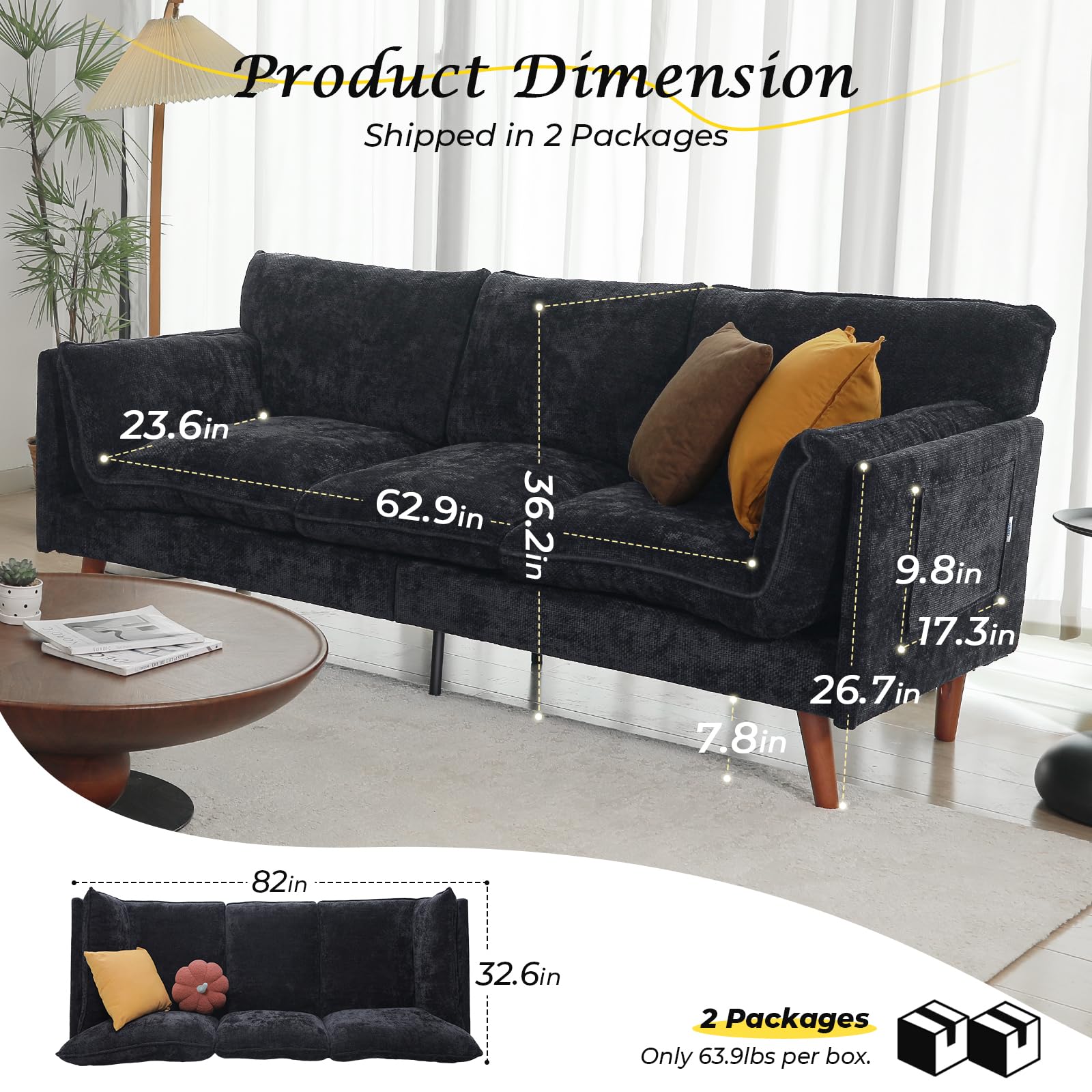 OHOHOLIVE 82" Chenille Couch Mid-Century Modern Design with Solid Wood Legs, Soft Cushions 3 Seat Sectional Sofa Couch - Ideal for Bedroom, Living Room, Small Apartment, Studio, Office