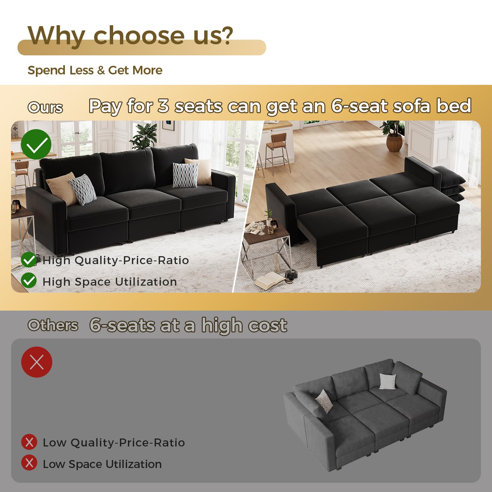Modular Sectional Sofa, 91 Inch Comfy Sofa, 3 Seater Sofa with Storage Space, Sleeper Sofa, Cloud Couch, Modern Sofa for Living Room, Velvet, Black