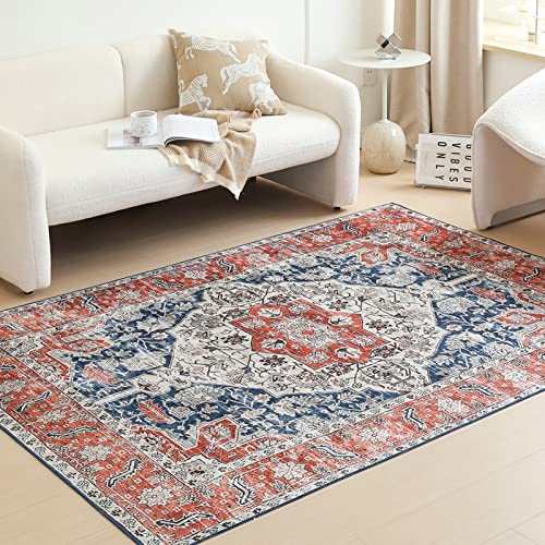 VK Living Washable Rug, 9'x12' Stain Resistant Washable Rug,Machine Washable Rug with Non-Slip,Vintage Bohemian Area Rug for Living Room Bedroom Dining Home Office Area Rug (Red, 9'x12')