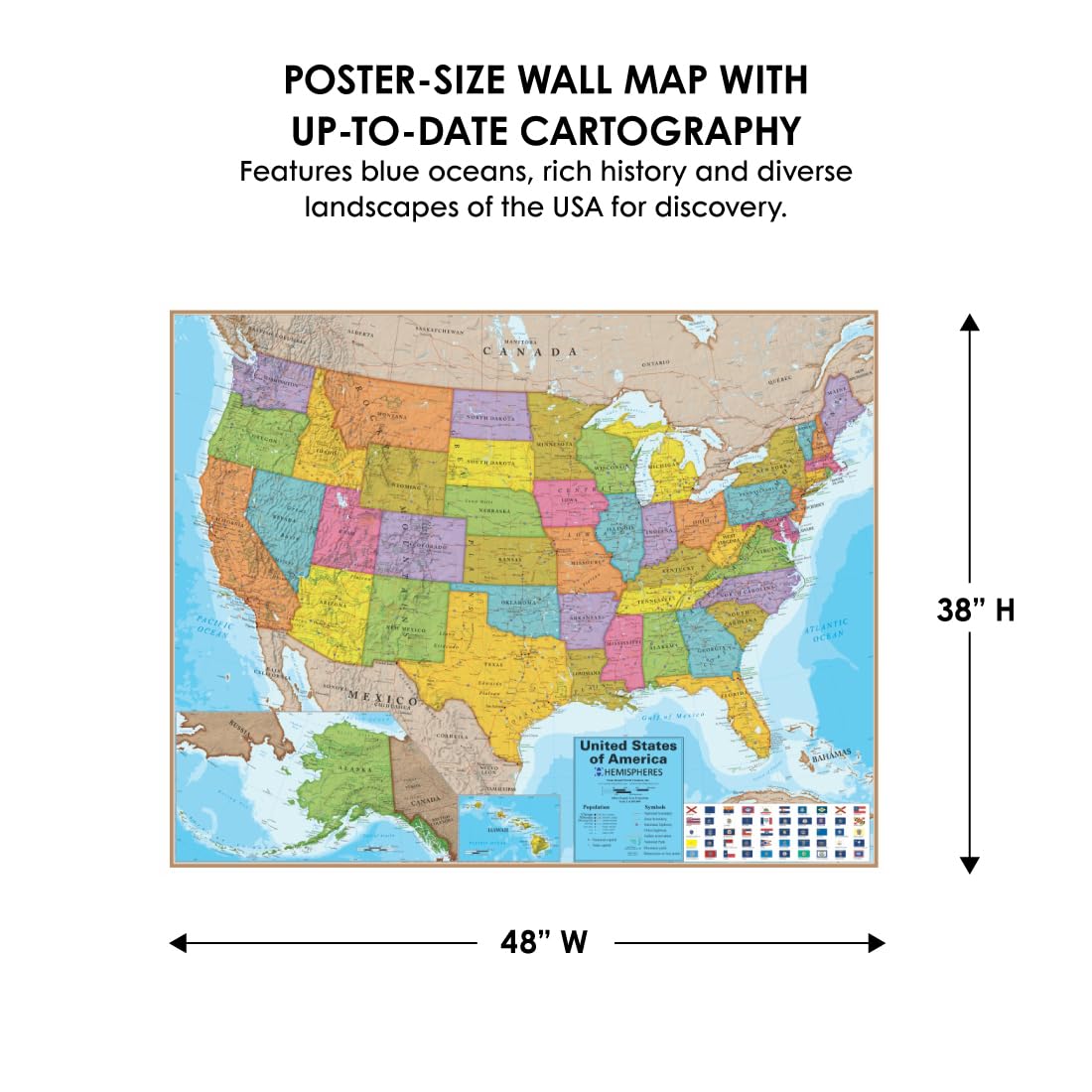 Waypoint Geographic Blue Ocean Series USA Wall Map, Laminated World Map Poster, Educational Wall Art For Home, Classroom, or Office, Unique Gifts, 48β x 38β