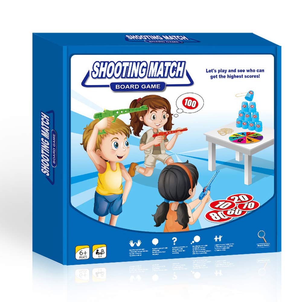 Gamie Shooting Competition Game for Kids - Includes 3 Toy Guns, 100 Rubber Bands, 10 Cups, Game Turntable, Score Stickers and Instructions - Fun Target Practice Game for Boys & Girls