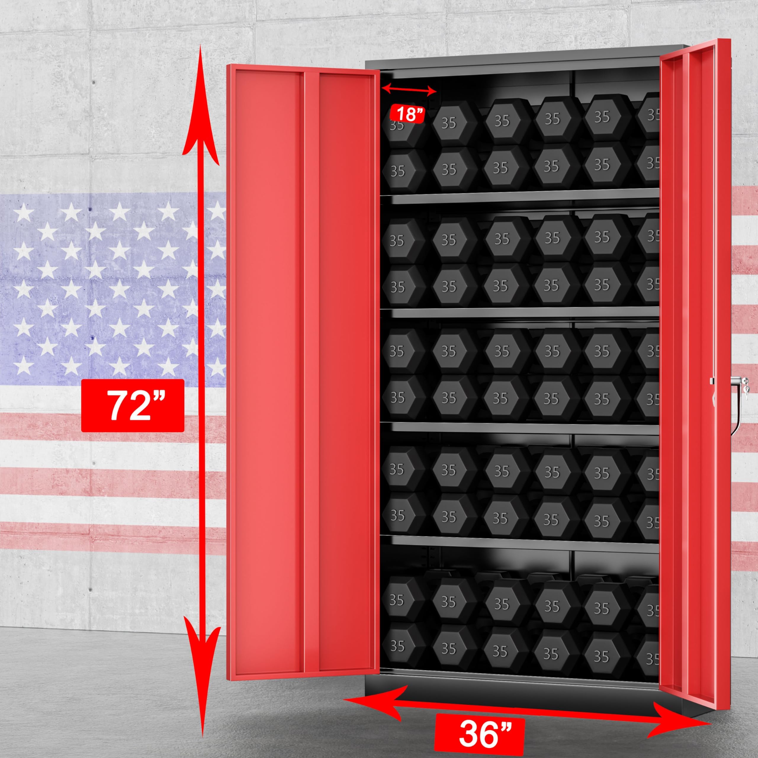Pataku Metal Storage Cabinet, 72" Garage Cabinet with Doors and Shelves Lockable Steel Multifunctional Cabinet, Tool Cabinet for Garage, File Cabinet for Home, Office, Warehouse(Black Red)