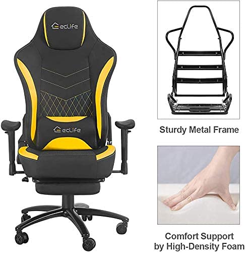 Gaming Chair Racing Footrest Massage Computer - Cushioned Comfort High Back PU Leather USB Vibrator Ergonomic Recliner Home Office Video Game for Kids for Gift for PS5 (Yellow, D06)