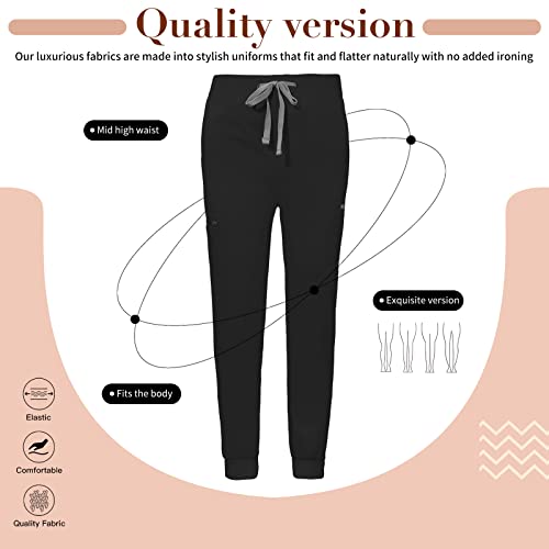 niaahinn Women Jogger Scrubs Pant Workwear Mid Rise Tapered Leg Drawstring for Nursing Soft Fabric (Black,M,Medium)