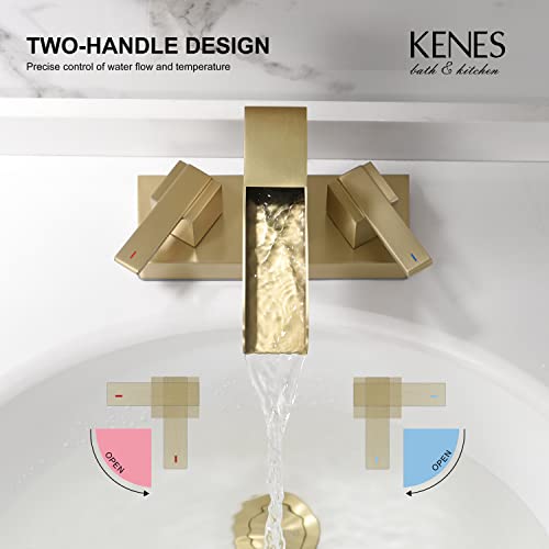 KENES Brushed Gold Waterfall Bathroom Faucet 3 Hole Gold 4 Inch 2 Handle Centerset Bathroom Sink Faucet Modern Bathroom Vanity Faucet with Supply Lines, KE-9053-4