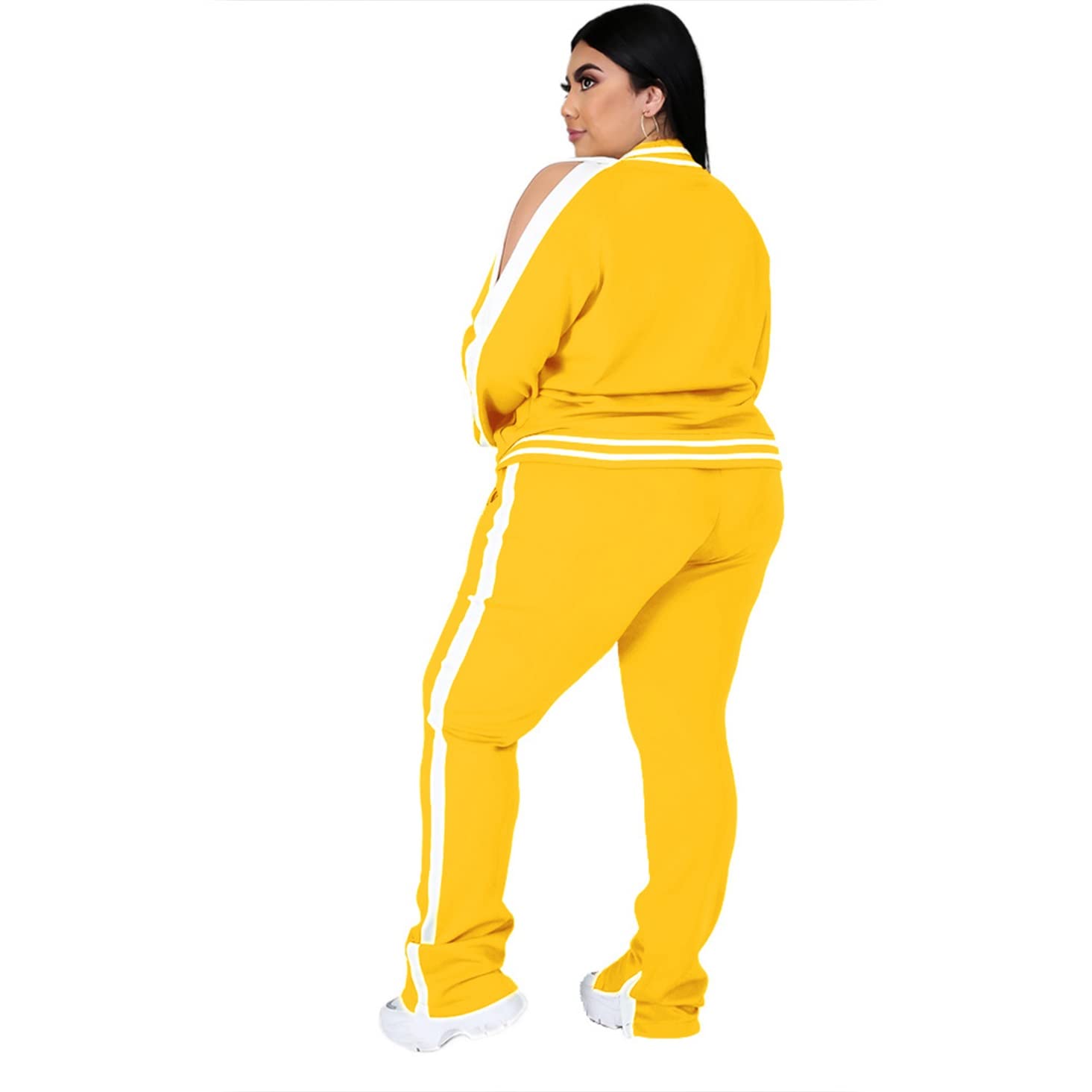Hooreatee Jogging Suits for Women Plus Size Tracksuit Long Sleeve Zip Up Stripe Jackets Running Sweatpants 2 Piece Sweatsuits Set Yellow 2XL