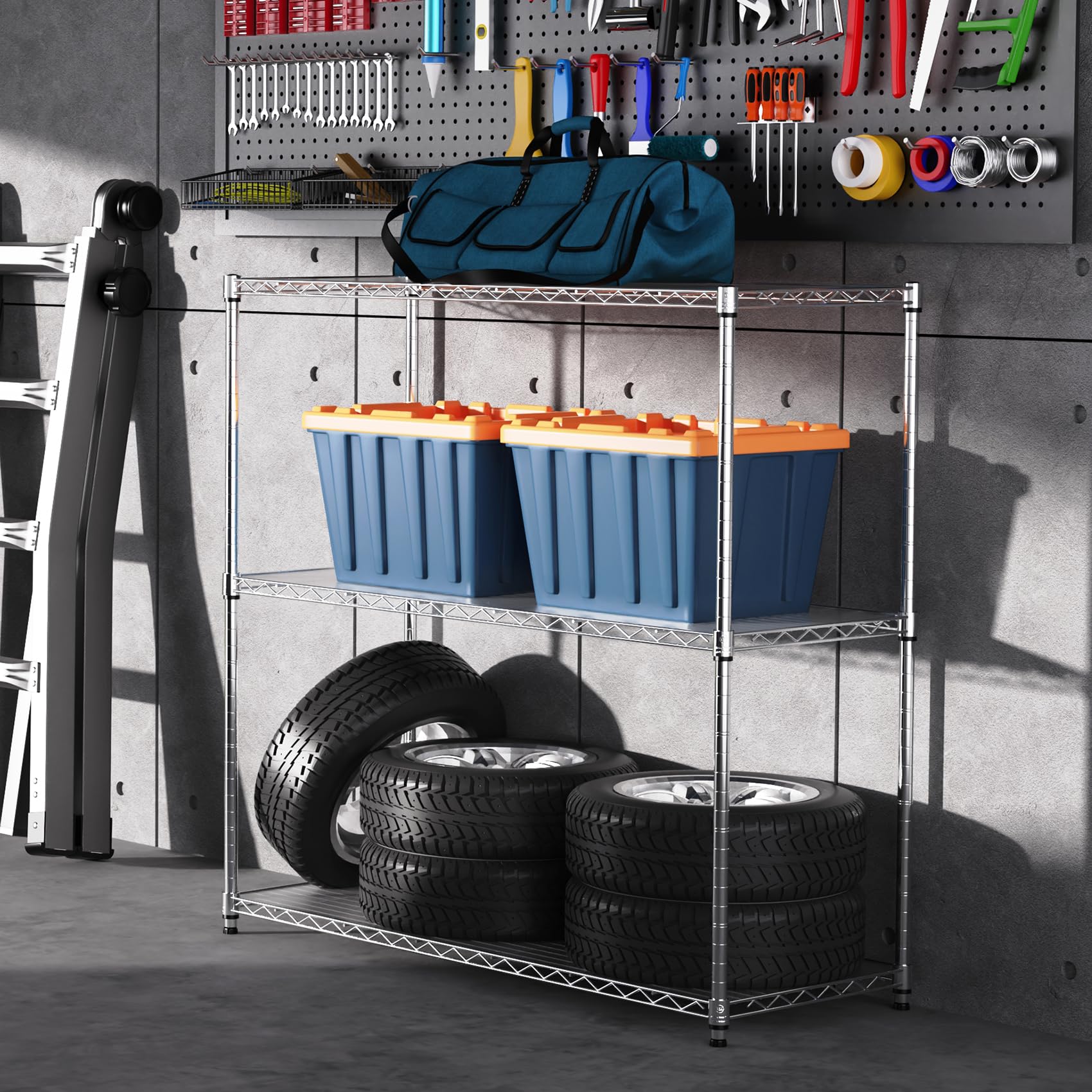 KOZYSFLER 3 Tier Wire Shelving Unit, 1050 LBS NSF Height Adjustable Metal Garage Storage Shelves, Heavy Duty Storage Wire Rack Metal Shelves - Chrome