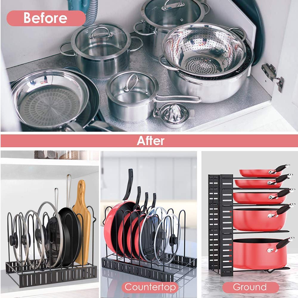 Jumper Joo Expandable Pot and Pan Organizers Rack,5+ Pans and Pots Lid Organizer Rack Holder, Kitchen Cabinet Pantry Bakeware Organizer Rack Holder with 5 Adjustable Compartments (Black)