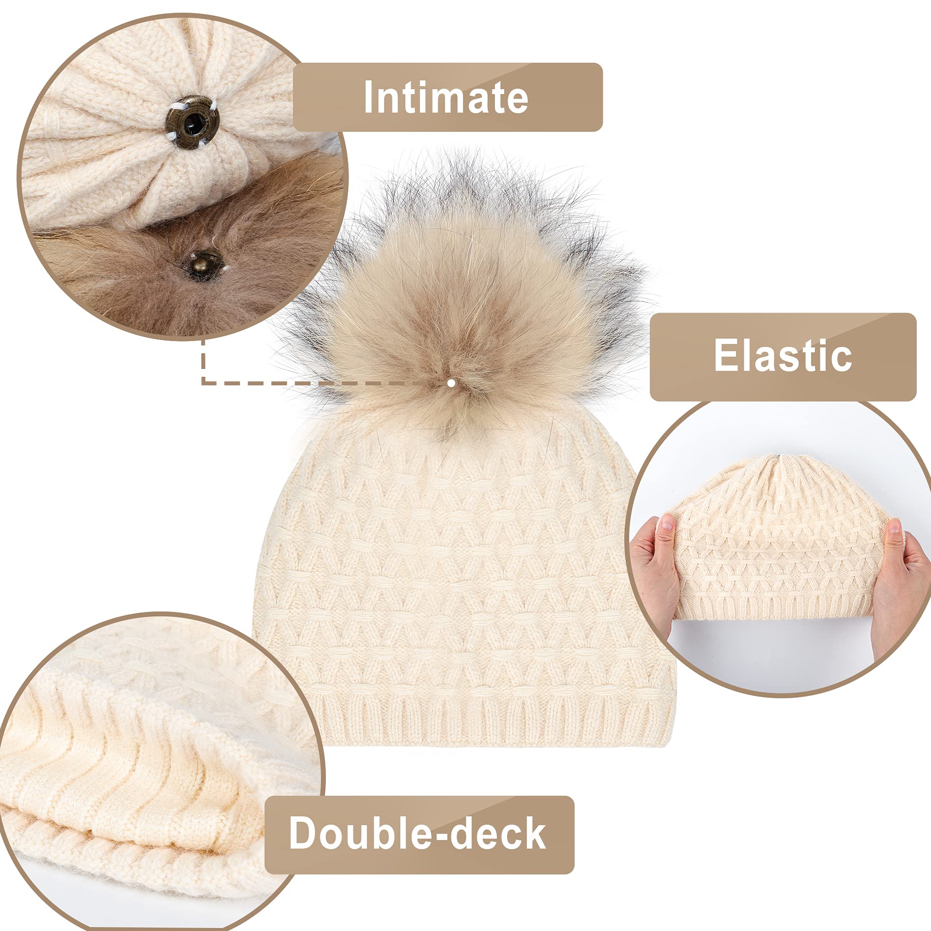 FXBSQF Women Double Cashmere Beanie,Pom Pom Beanie,Real Raccoon Bobble Beanie,Winter Warm Knitted Leisure Ski Cap,Detachable (White)
