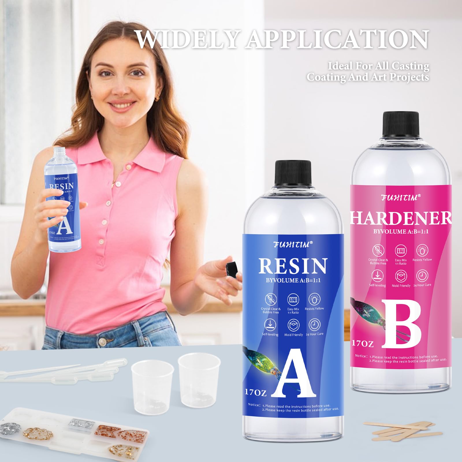 Epoxy Resin 34OZ - Epoxy Resin Kit, Crystal Clear Epoxy Resin Kit - Not Yellowing, No Bubble, Self Leveling, High-Gloss, Casting & Coating for DIY Jewelry Making of The Art Resin & Epoxy (17OZ x 2)