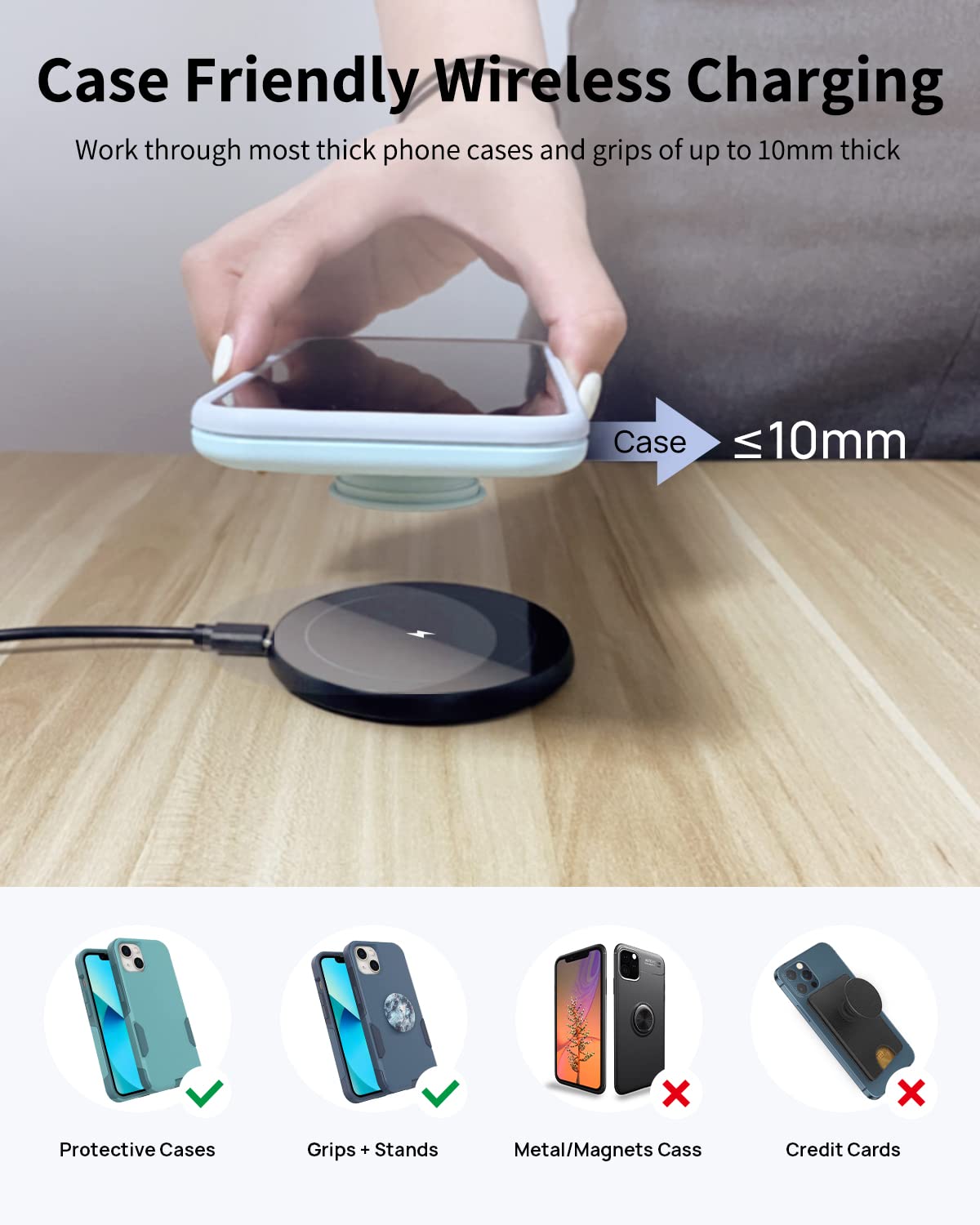 KPON Wireless Phone Charger for Popsocket/OtterBox/Thick Cases Up to 10mm - 15W Max Wireless Phone Charging Station, Compatible with iPhone 15/14/13/12(Adapter Not Include)