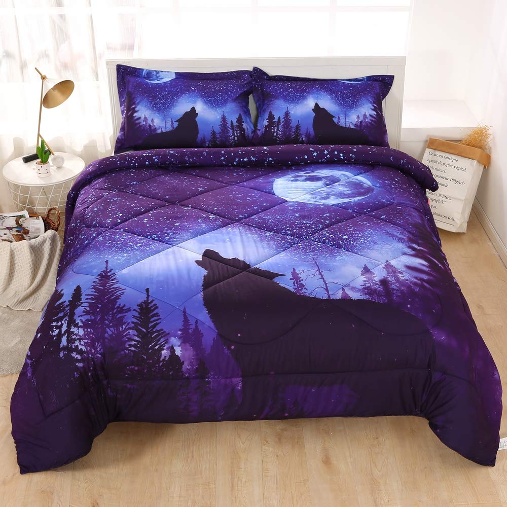 ENCOFT Wolf Comforter Set Queen Size, 3 Piece Vivid Blue Night Sky Howling Wolf Bedding Comforter Sets with 2 Pillowcases, Lightweight Soft Wild Animal Wolf Comforter Set for Kids, Boys, Teen