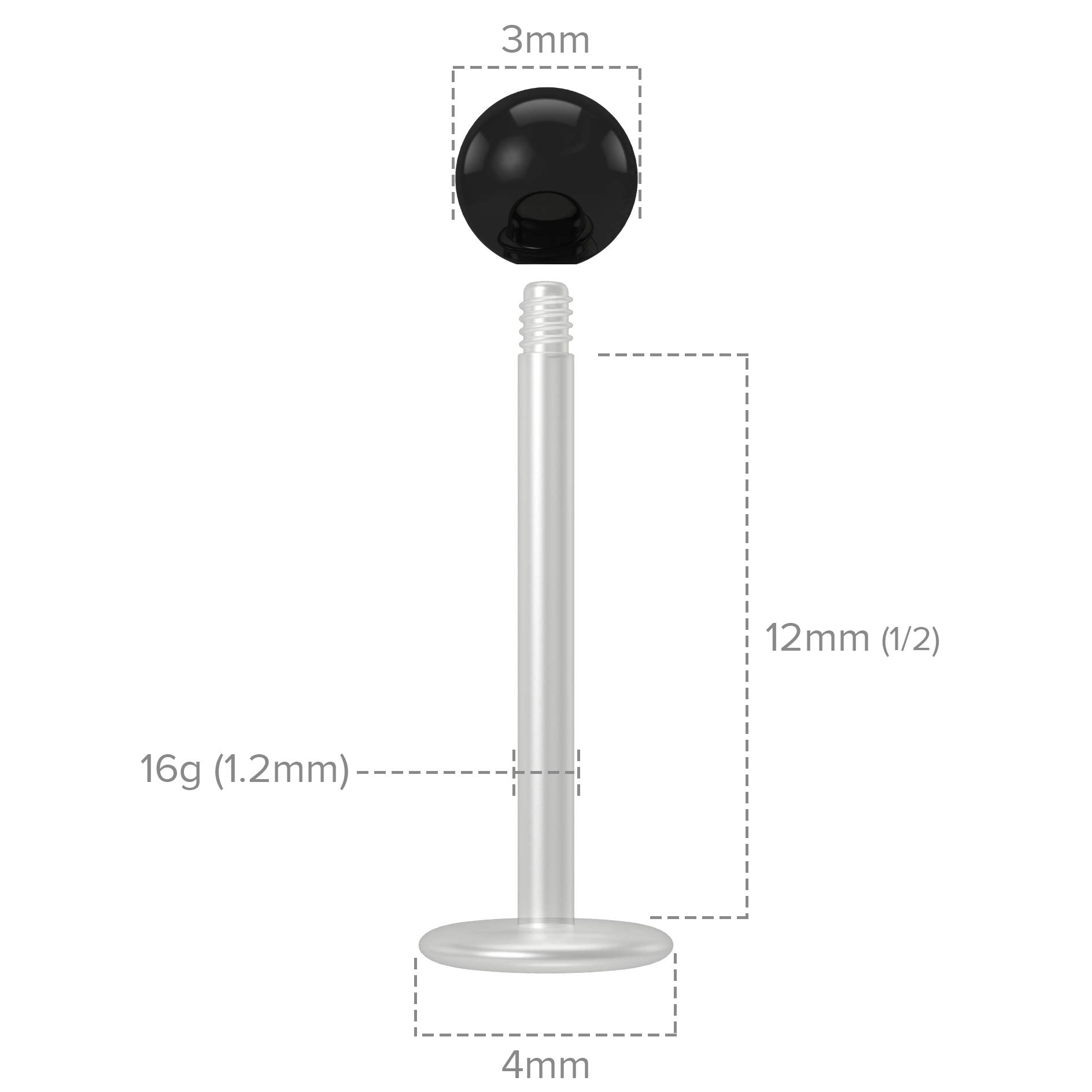 Evonix 2pc Black Labret 16g Studs Flexible Bioplast Clear Plastic Bioflex Monroe Piercing Jewelry 12mm
