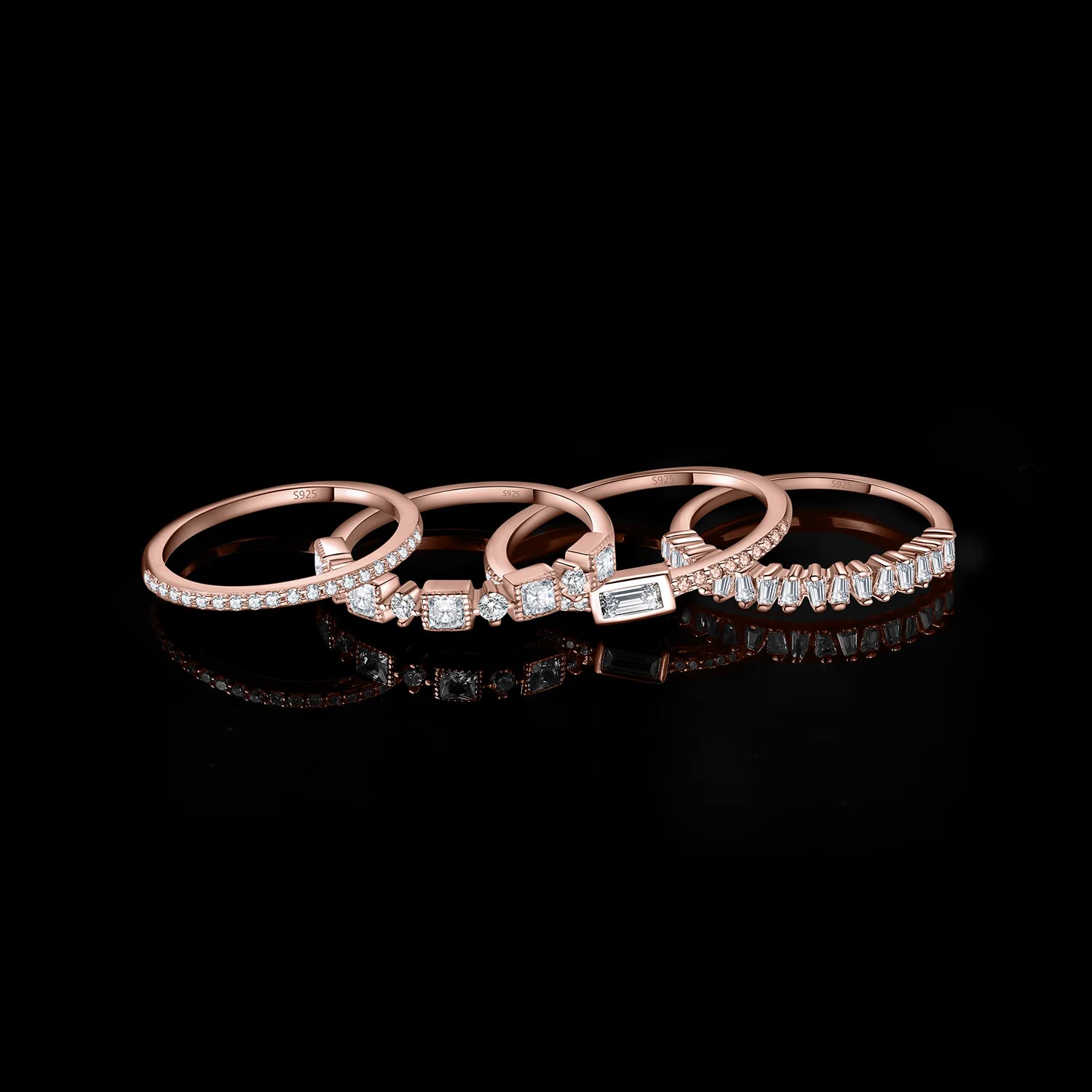 JewelryPalace Princess Emerald Cut CZ Stackable Wedding Ring Eternity Bands for Women, Cubic Zirconia 925 Sterling Silver 14K Rose Gold Plated Promise Ring for Her, 4pc Anniversary Ring Sets Size 8