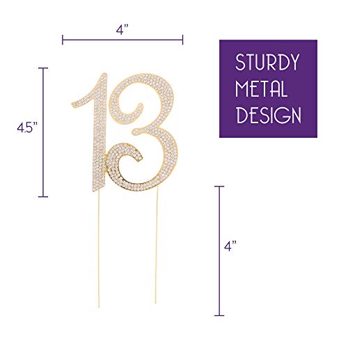 Ella Celebration 13 Cake Topper for 13th Birthday Party, Gold Rhinestone Metal Number Decoration (Gold)