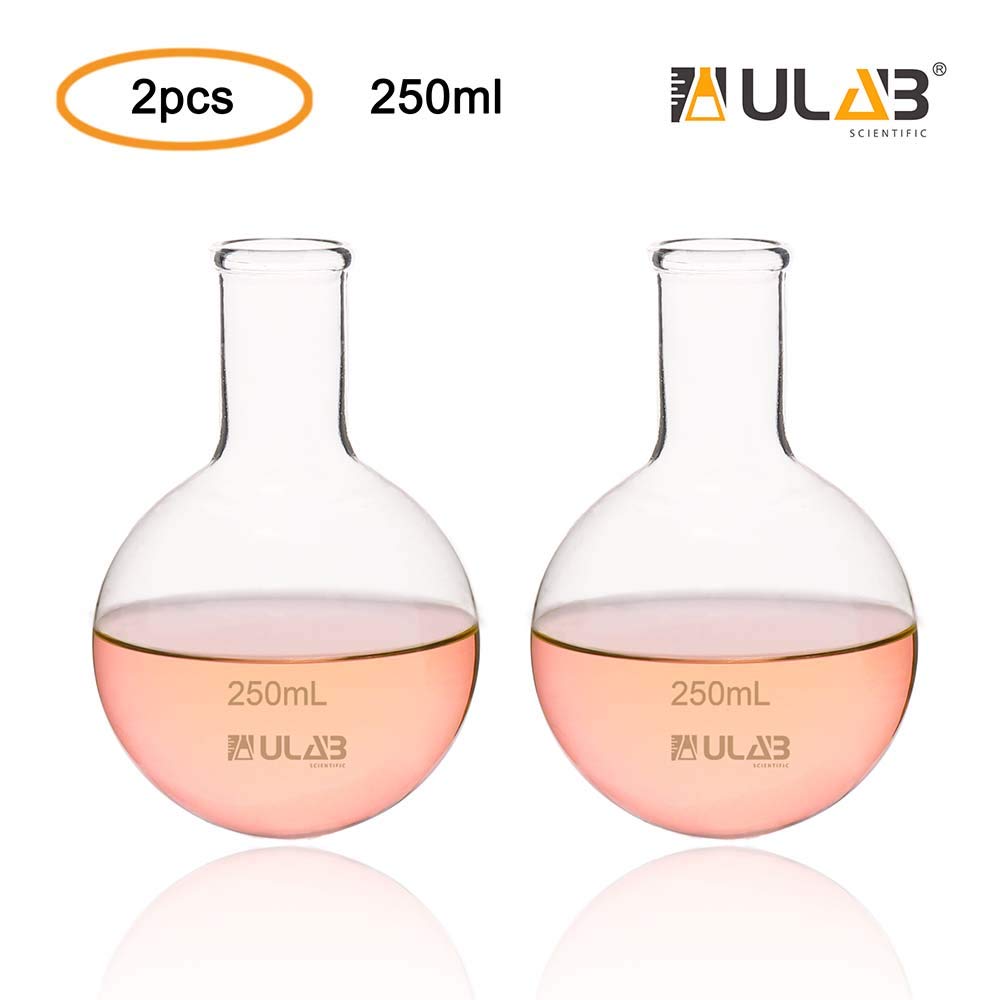 ULAB Boiling Flask of Round Bottom Set, 2pcs of Vol.250ml, Borosilicate 3.3 Glass Material, UBF1004