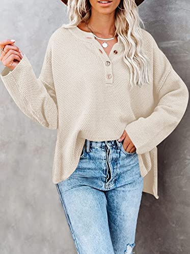 Pink Queen Women's Button Oversized Sweater Batwing Long Sleeve V Neck Henley Top Fall Pullover Knit Jumper Beige XL