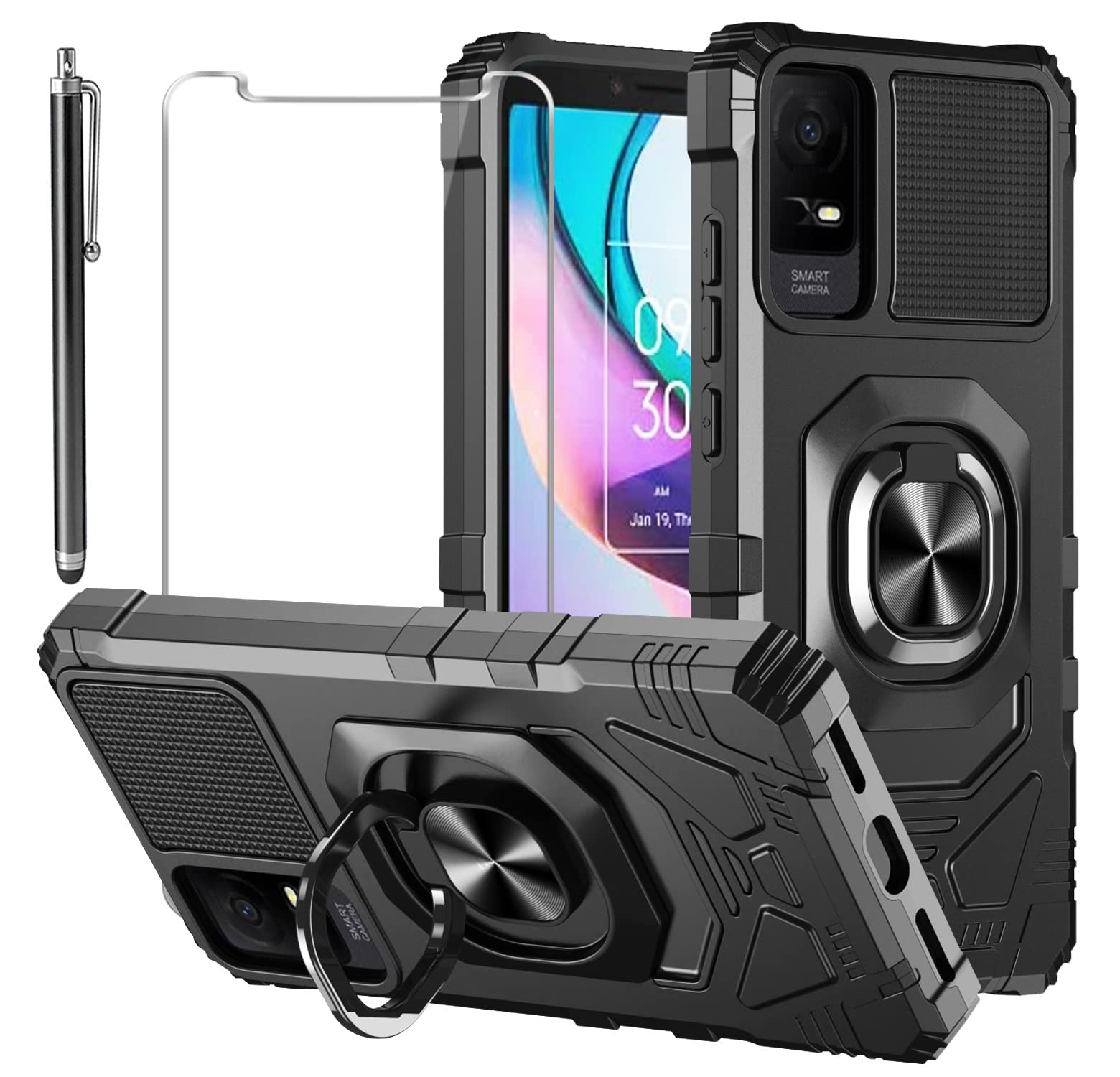 for TCL ION X/ION V Case, with Tempered Glass Screen Protector Heavy Duty Protection Technology Built-in Kickstand Rugged Shockproof Protective Phone Case for TCL ION X/ION V 6.0", (Black)