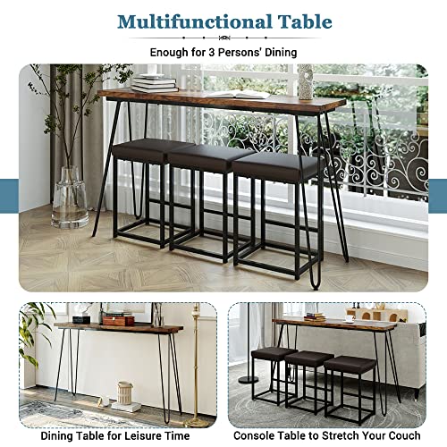 Merax 4-Piece Counter Height Wooden Dining Set with Extra Long Dining Table and 3 PU Stools, Bar Table Set for Kitchen Dining Room, Rustic Brown Table + Black Stool