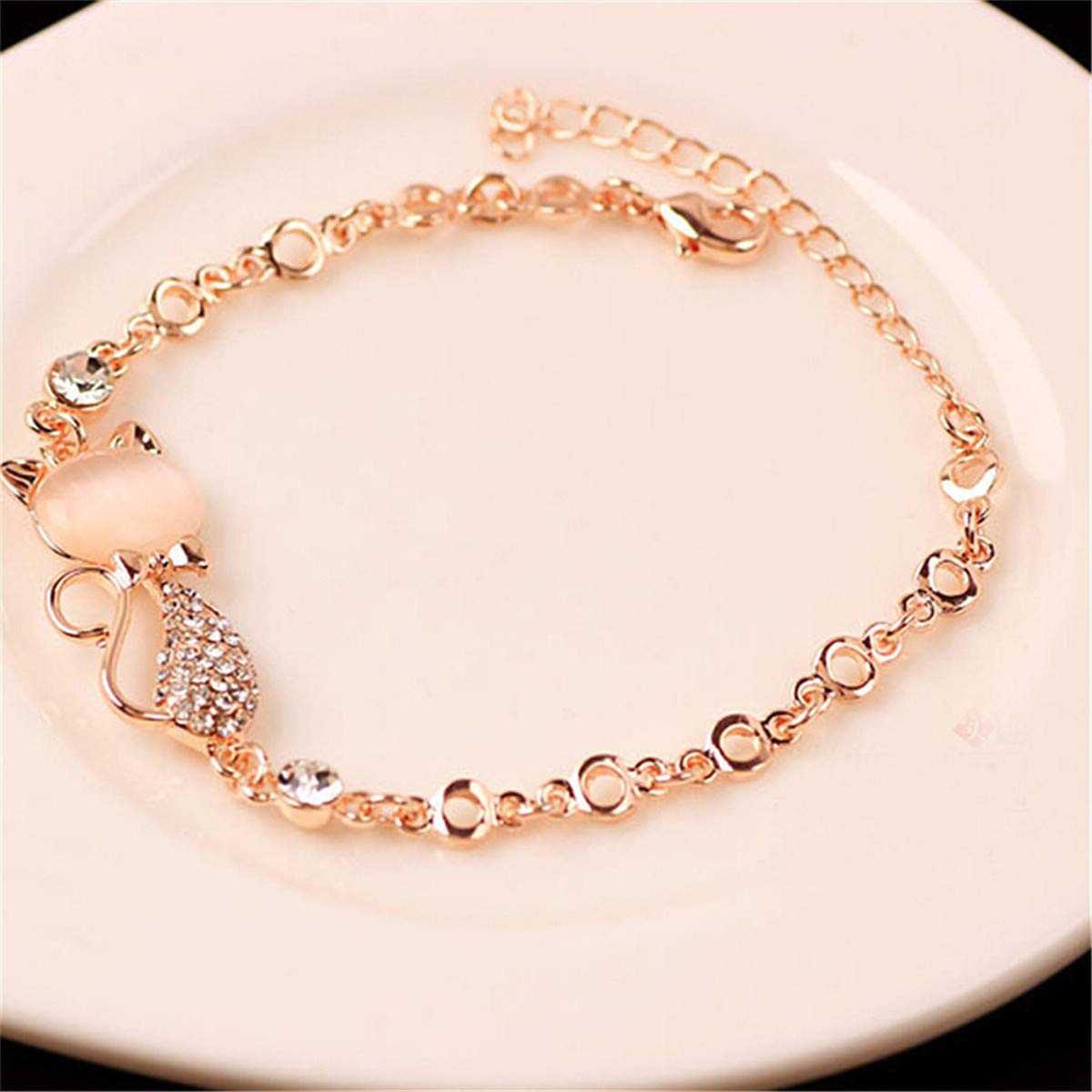 HELPFLOWER CH01 925 Plated Sterling Diamond Bracelet Cat Adjustable Bracelets with Chain Unique Jewelry Present for Women