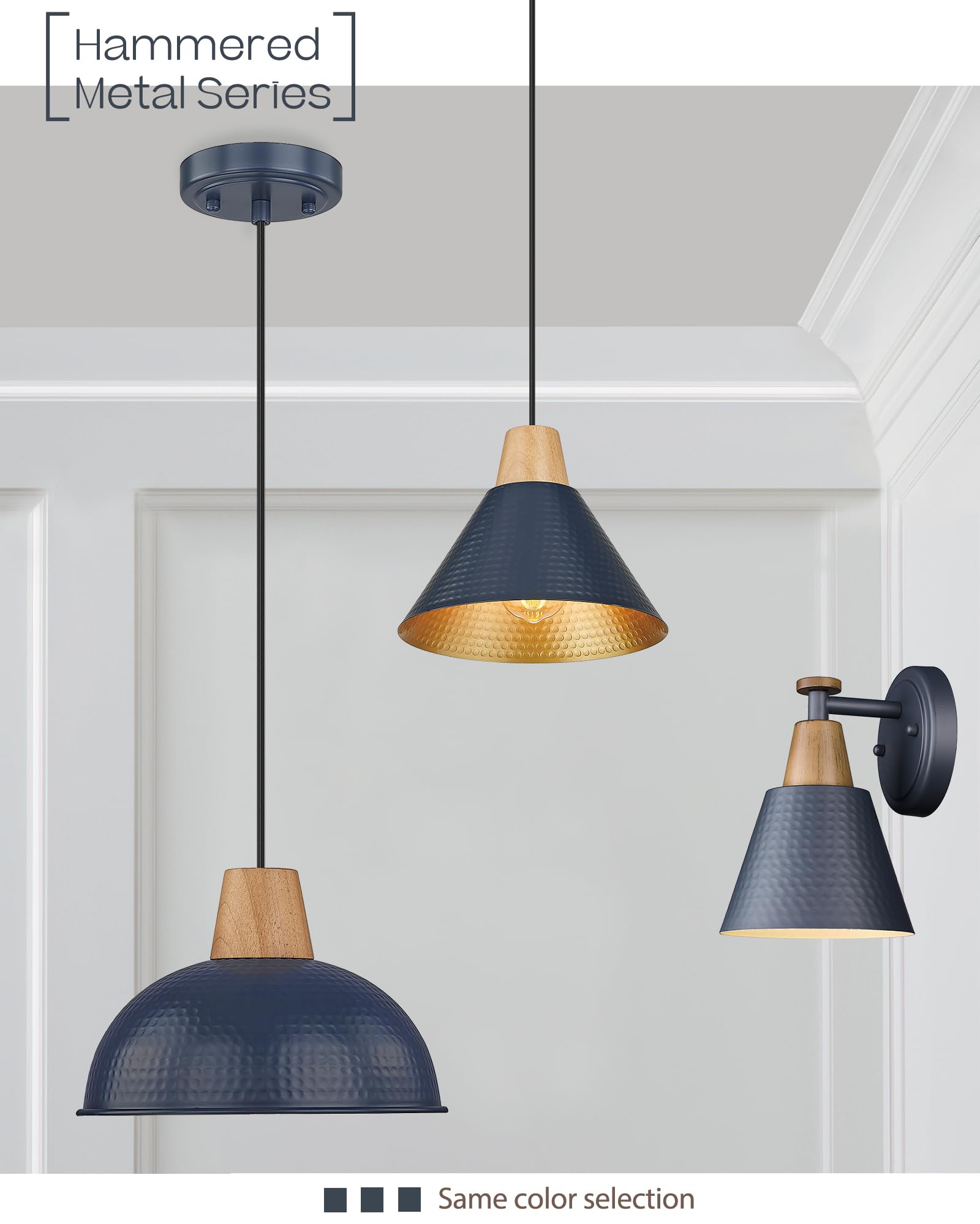FEMILA Solid Wood Pendant Light fixtures, Pendant Lights Kitchen Island, 10" Blue Pendant Light with Hammered Metal Shade, Gold Inside, 4FG59MIL-L BL+WD