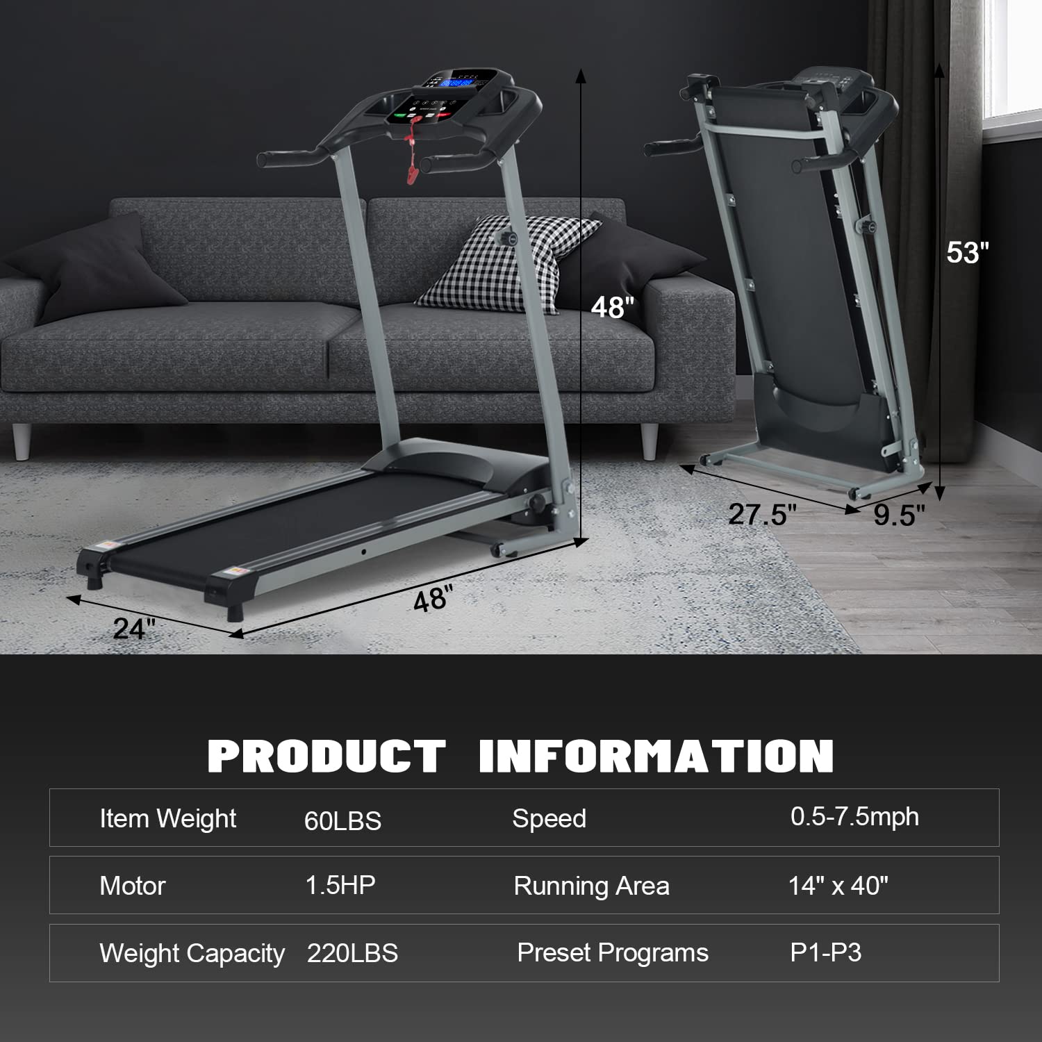 FYC Folding Treadmill for Small Apartment, Electric Motorized Running Machine for Gym Home, Fitness Workout Jogging Walking Easily Install Space Save