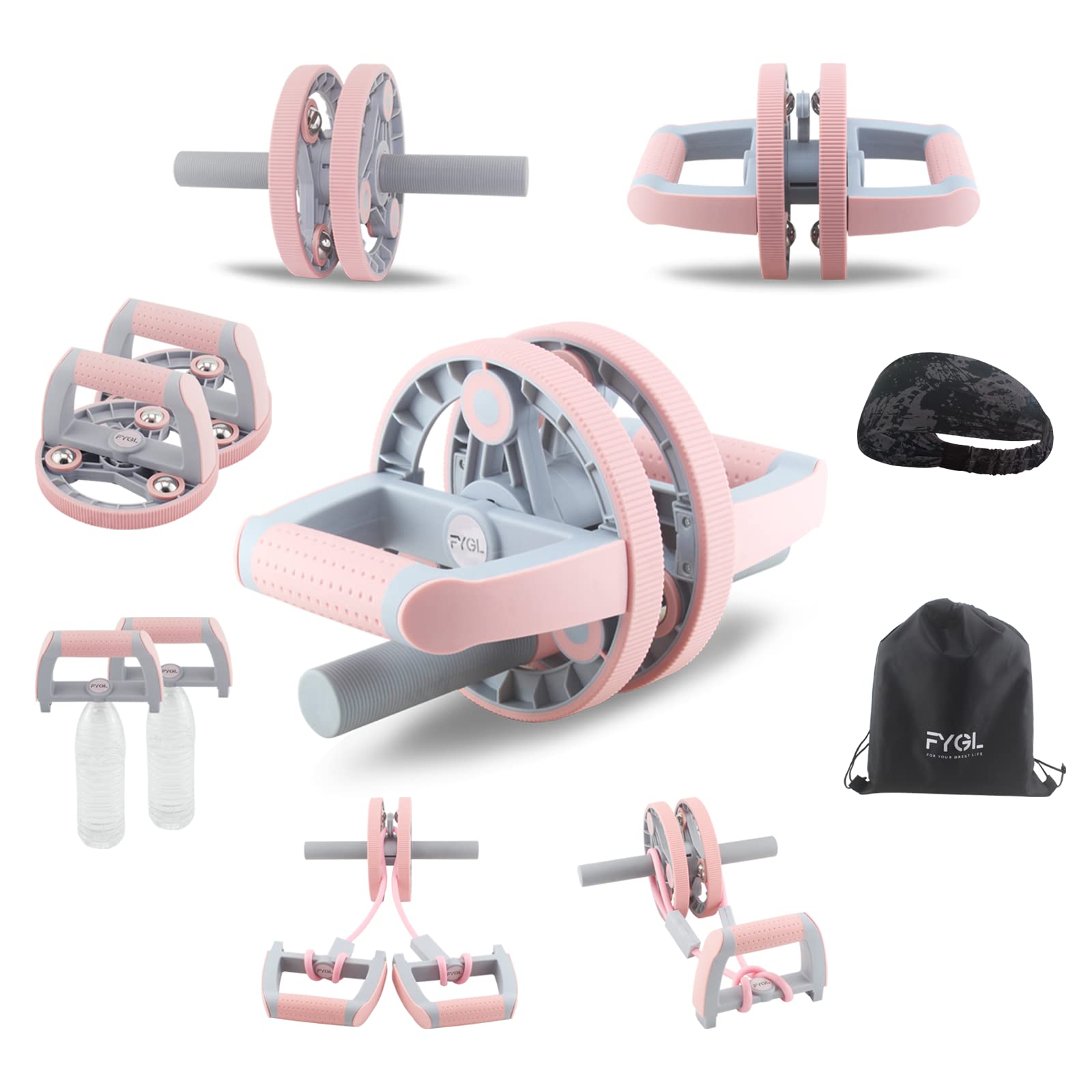 FYGL Push-Up-Bars | Multifunction 9 in 1 Workout-Equipment-for-Women | Resistance-Bands | Ab-Roller-Wheel with Knee Pads | Adjustable-Dumbbells | Kettlebell | Home-Gym-Equipment (Pink)