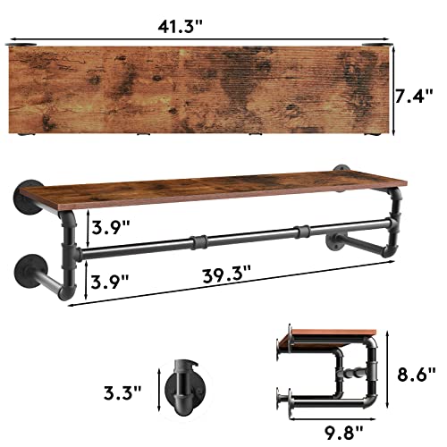 MOUTIK Top Shelf Clothes Hanging Rack: Industrial Pipe Wall Mounted Retail Garment Racks with Wood Floating Shelves - Heavy Duty Display Clothing Hanger Rod for Closet Coat Storage