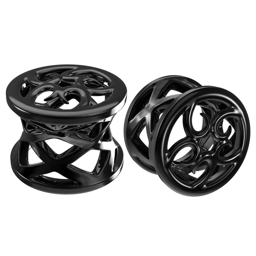 Evonix Unique Plugs - No Stink Double-Flared Gauges 00 Black For Ears | Classy Custom Design Thin Wall Flesh Tunnels Earrings Pair For Women Men 10mm
