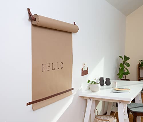 KEYAIIRA - Wall Mounted Paper Roll Holder studio kraft paper hanger w/leather straps note board dispenser, brown wallpaper pad butcher paper sign