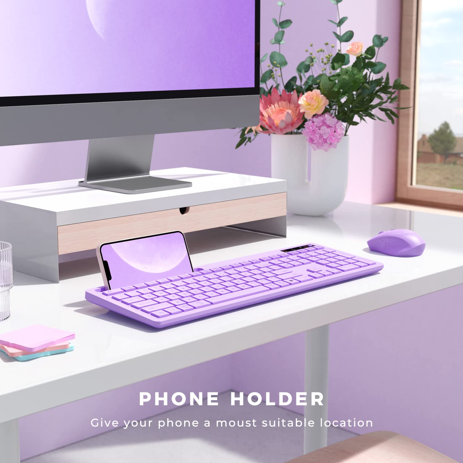Keyboard and Mouse Wireless, Vivefox Wireless Keyboard with Phone Holder USB A & Type C Receiver Cute Keyboard and Mouse Compatible for Windows, Mac, MacBook/Air/Pro Computer (Purple)