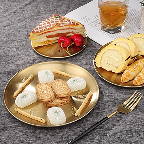 Retro Metal Round Gold Tray, Western Steak Round Serving Dishes, Stainless Steel Dining Plate, European Style Serving Cake Tray Kitchen Tool(23cm)