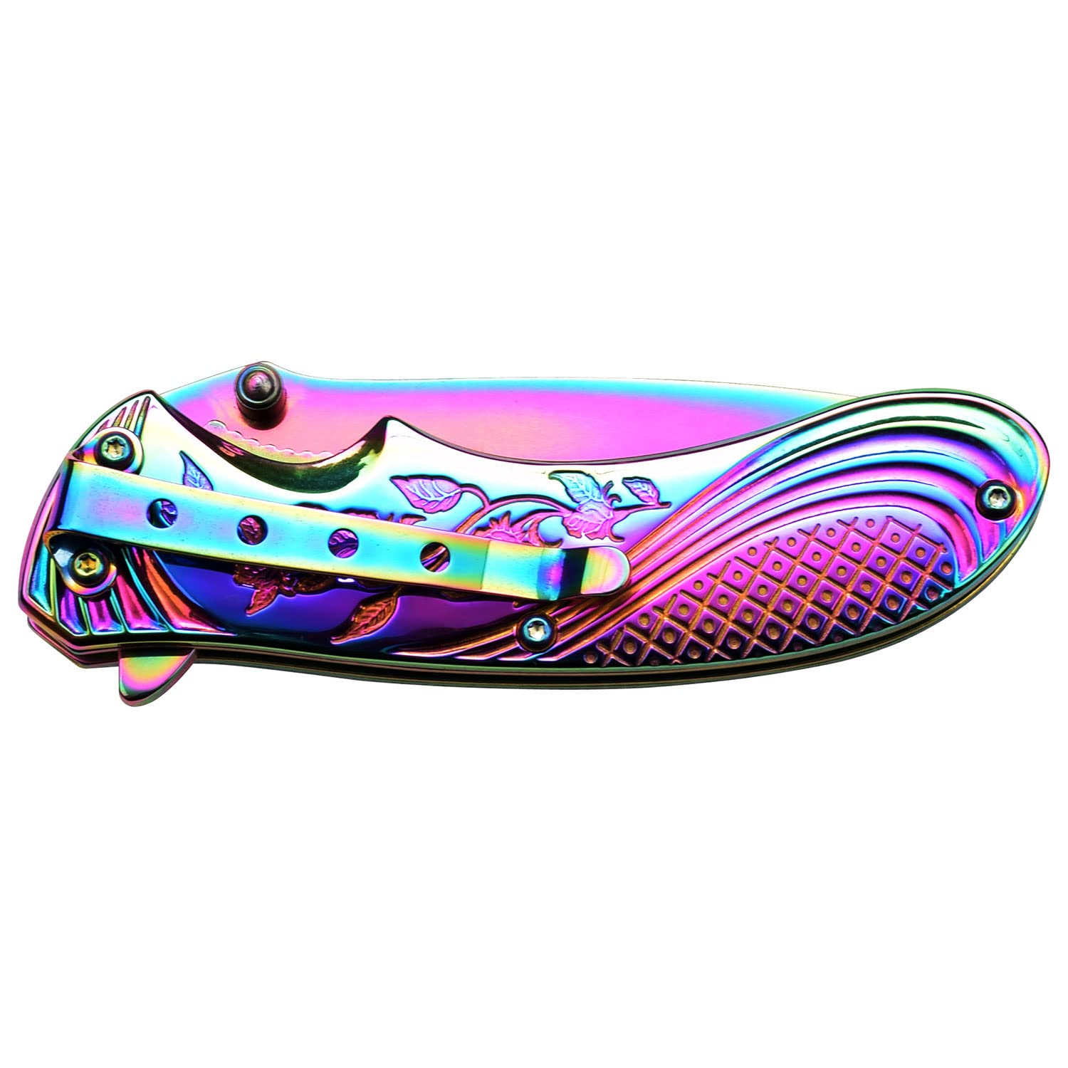 FEMME FATALE β Spring Assisted Open Folding Pocket Knife β Rainbow TiNite Coated Stainless Steel Blade and Handle w/Stamped Rose Design and Pocket Clip, EDC, Self Defense β FF-A008RB