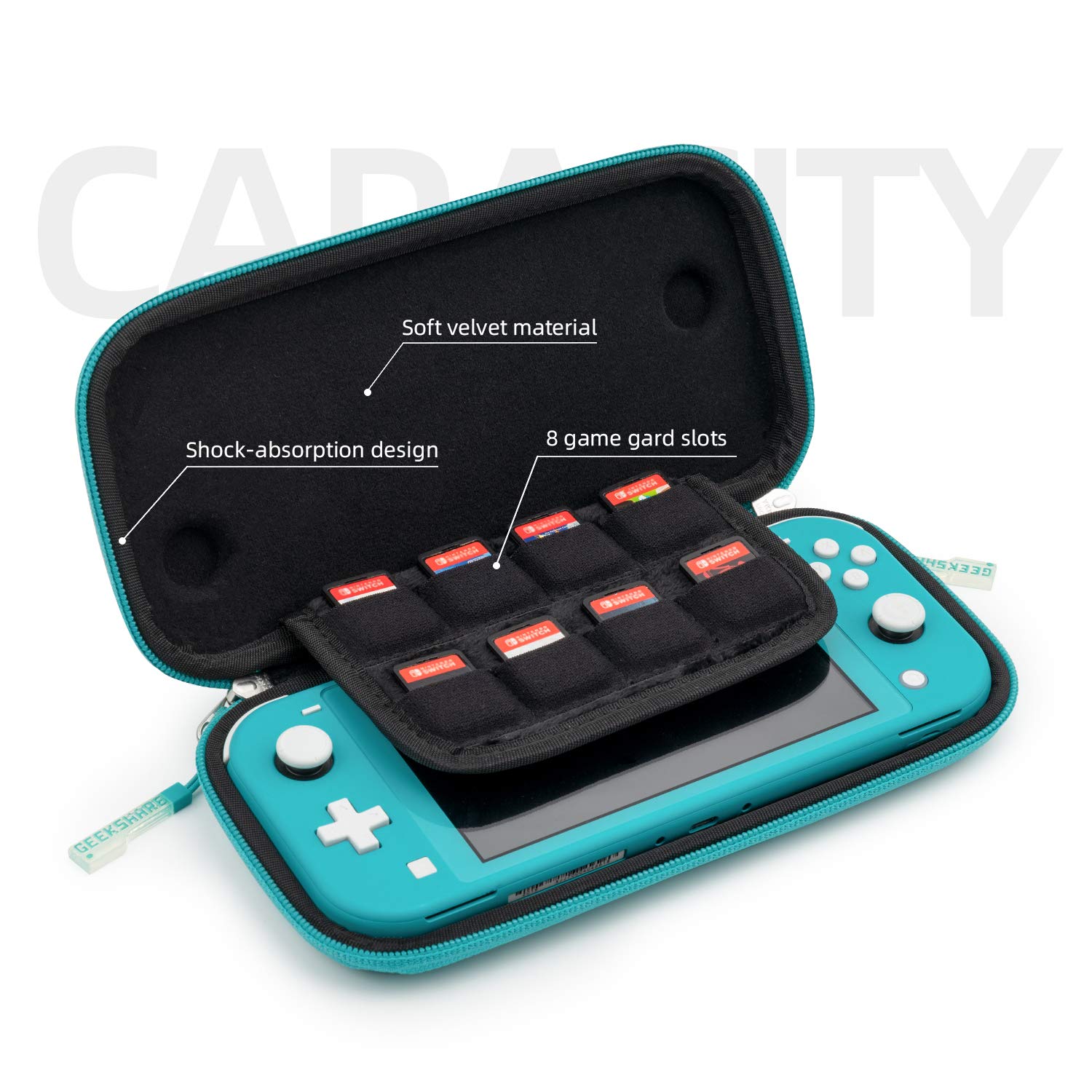 GeekShare Slim Carry Case Compatible with Nintendo Switch Lite, Protective Portable Carrying Case with Removable Hand Strap,Travel Storage Hard Shell with 8 Game Cartridges (Green)