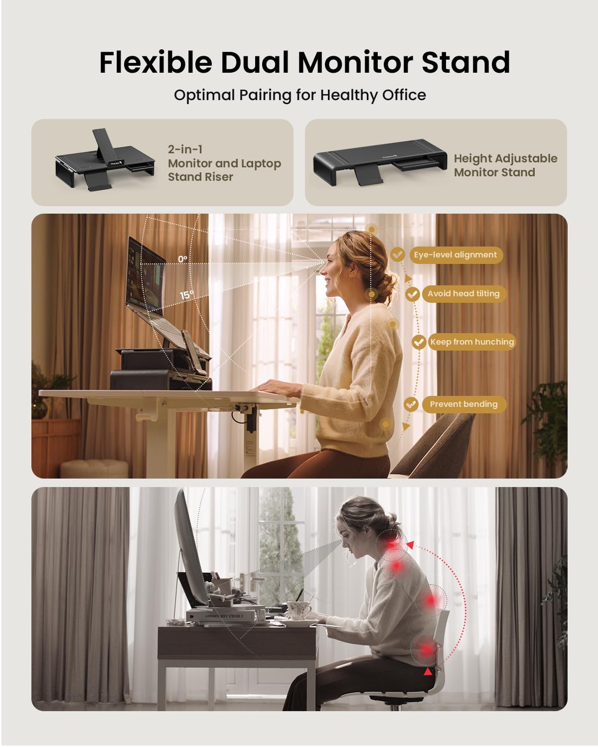 ProtoArc Standing Desk with Dual Monitor Stand Riser, 48 x 24 Inches Height Adjustable Desk with Storage, Electric Stand up Desk with Laptop Stand (Black/White)