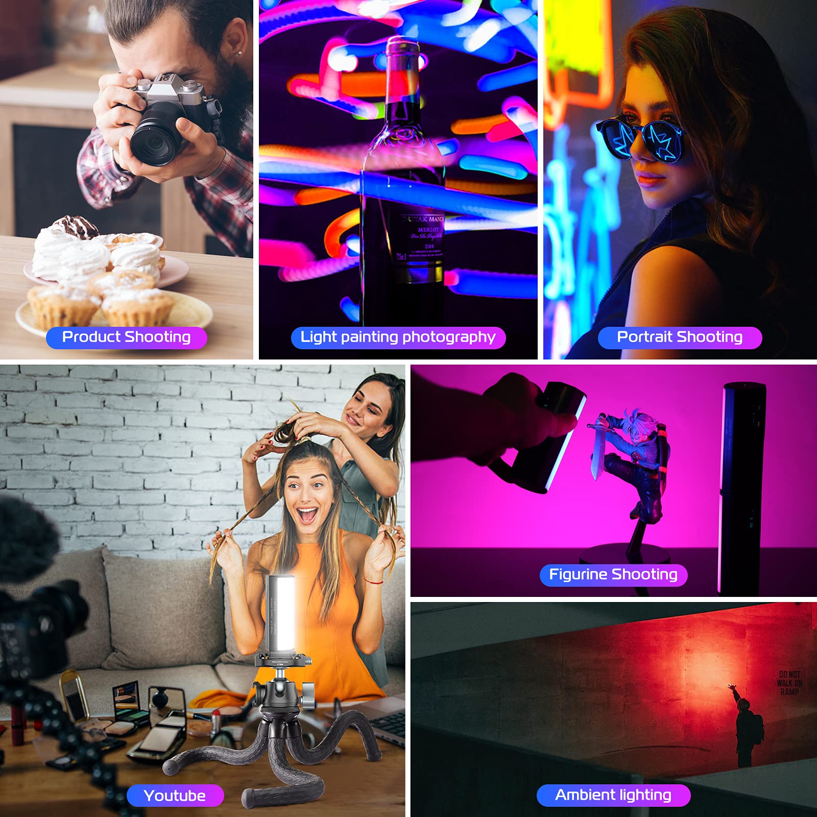 ULANZI 2 Pack Handheld Light Wand, 360° RGB LED Video Light for Photography, 2000mAh Rechargeable Light Stick for Video Shooting, 2500-9000K Dimmable Camera Light w LCD, Support Magnetic Attraction