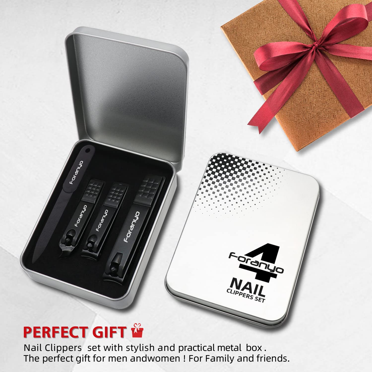 Foranyo Nail Clipper Set - 4 Pack Nail Clippers for Men Women, Stainless Steel Fingernail & Toenail Clippers Nail Cutter Set with Metal Tin Box for Thick Nails [Black]