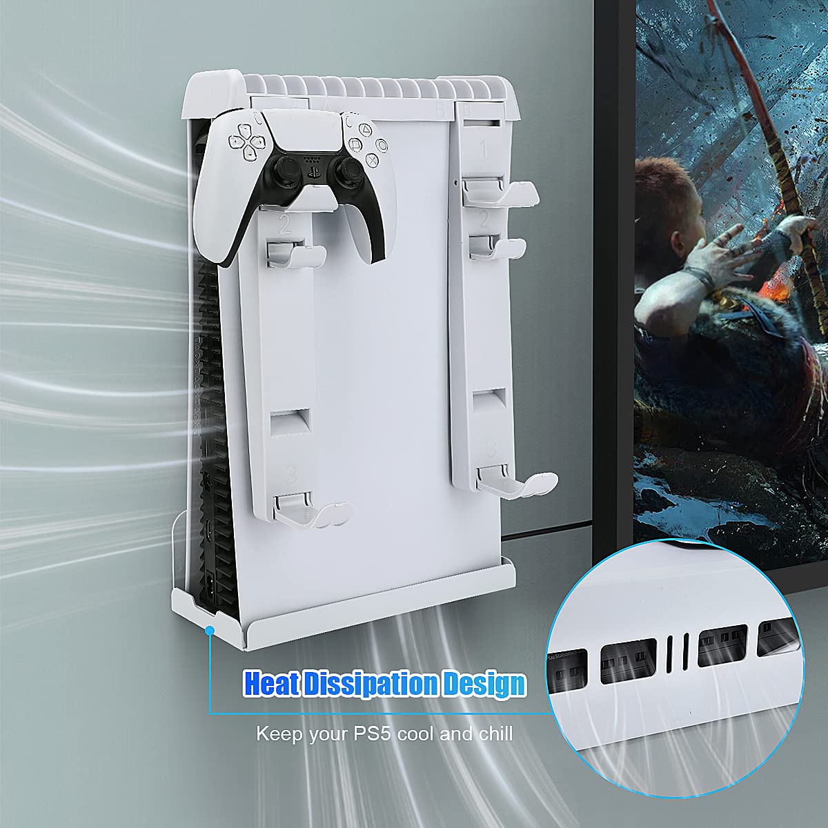 Jhua PS5 Wall Mount for Playstation 5 Wall Mount Sturdy Steel Wall Shelf for Playstation 5 Disc and Digital Edition 8-in-1 PS5 Wall Bracket Controller Holder Headphone Hanger Game Discs Storage Stand